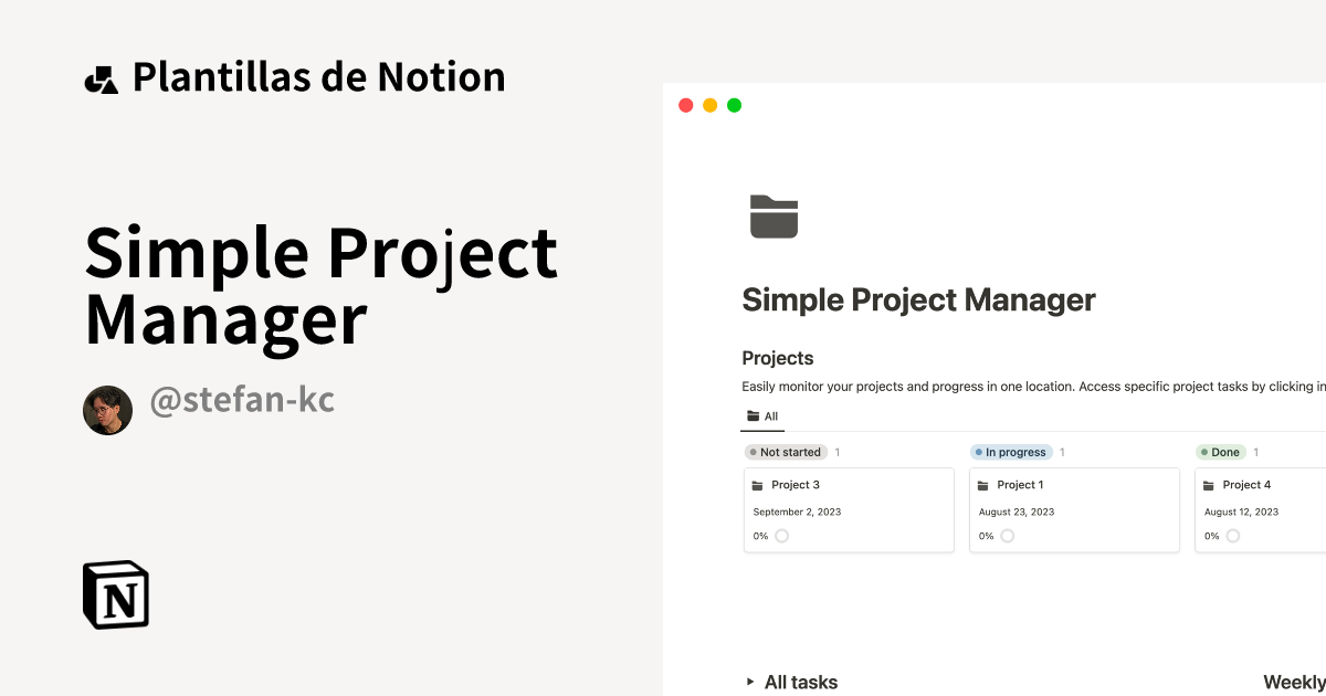 Plantilla Simple Project Manager de Stefan Kc | Notion Marketplace