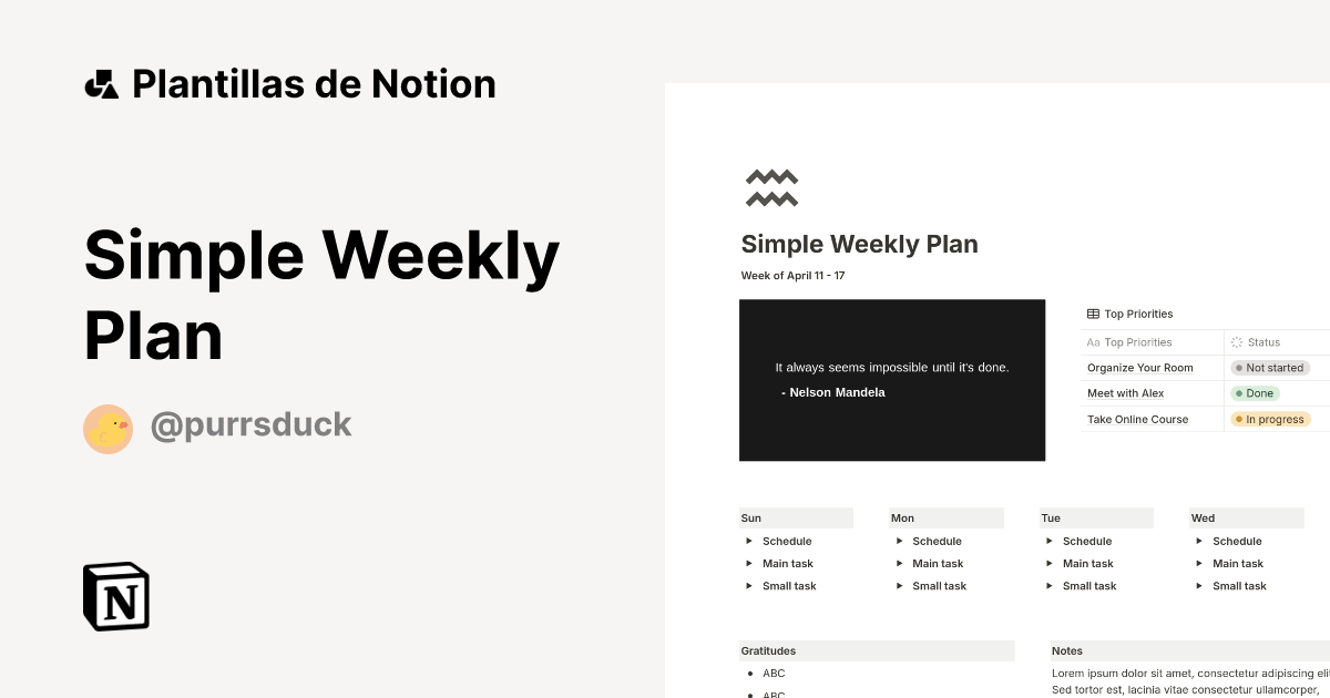 Plantilla Simple Weekly Plan de Purrsduck | Notion Marketplace