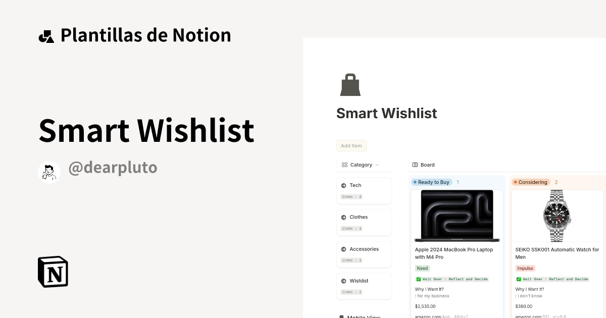 Plantilla Smart Wishlist | Notion Marketplace