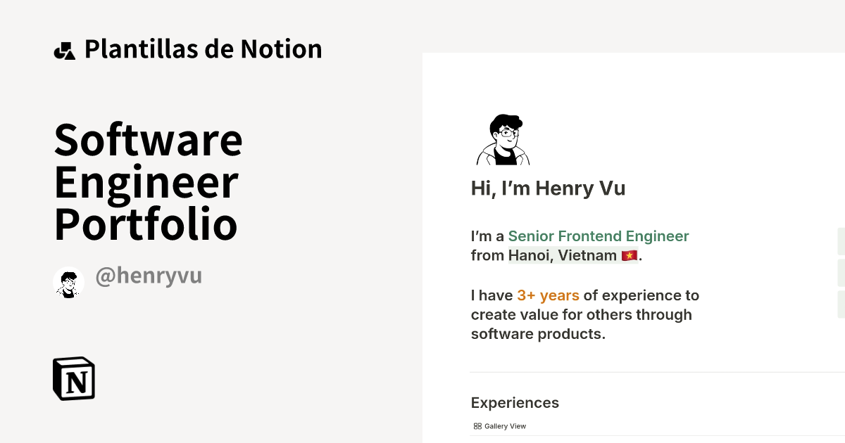 Plantilla Software Engineer Portfolio de Henry Vu | Notion Marketplace