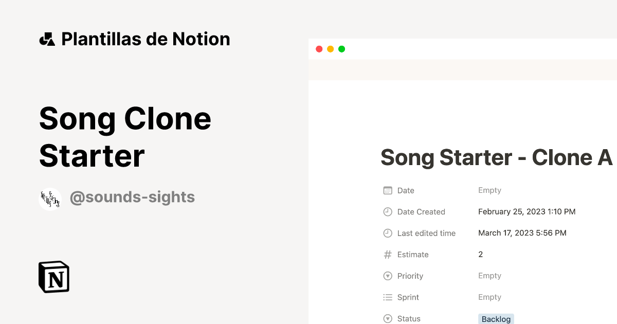 Plantilla Song Clone Starter de Sounds & Sights | Notion Marketplace