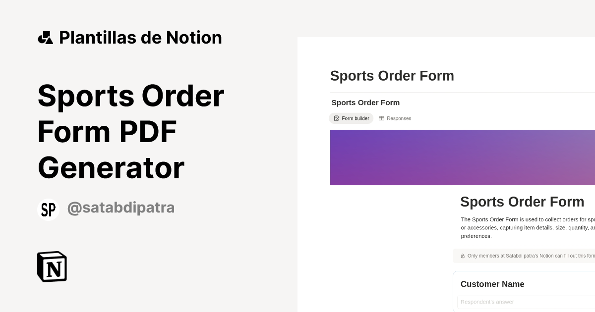Plantilla Sports Order Form PDF Generator de Satabdi Patra | Notion ...