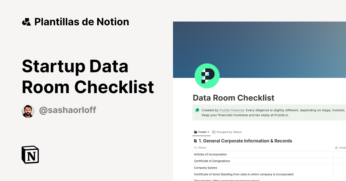 Plantilla Startup Data Room Checklist de Sasha Orloff | Notion Marketplace