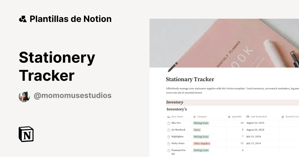 Plantilla Stationery Tracker de momomuse studio | Notion Marketplace