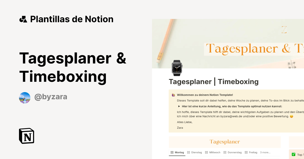 Plantilla Tagesplaner & Timeboxing de by Zara | Notion Marketplace