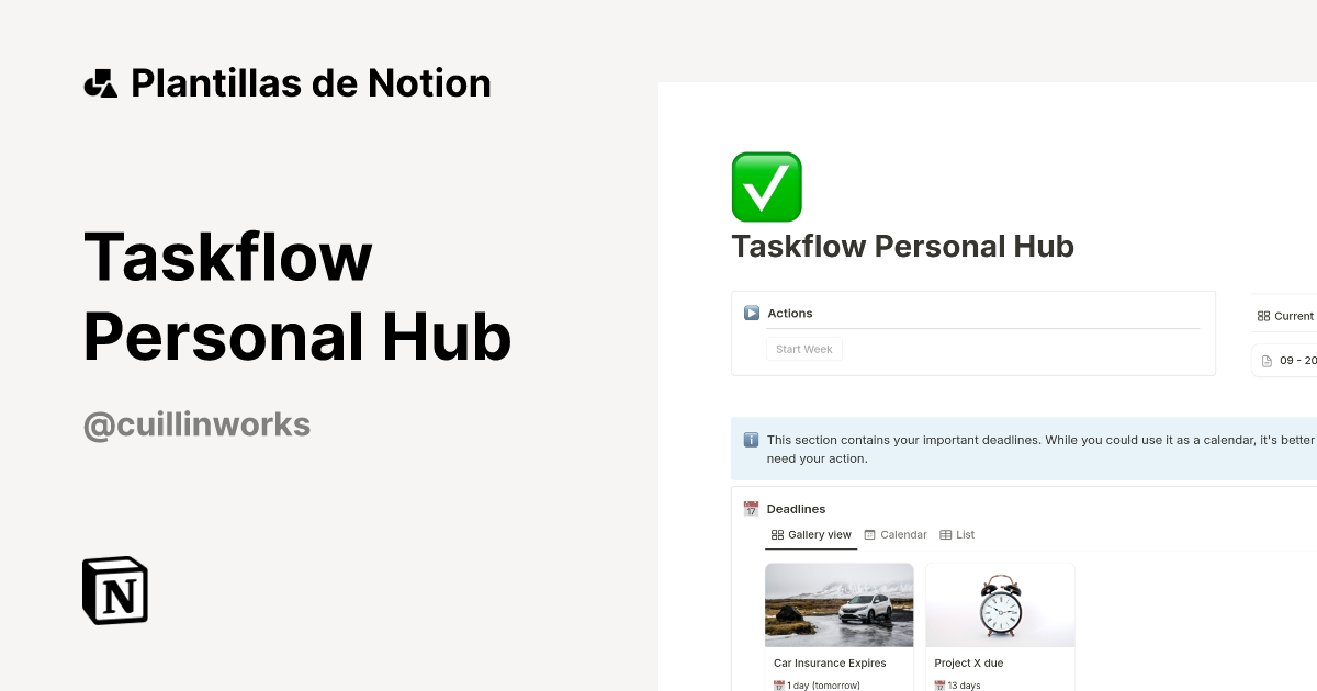 Plantilla Taskflow Personal Hub de Cuillin Works | Notion Marketplace