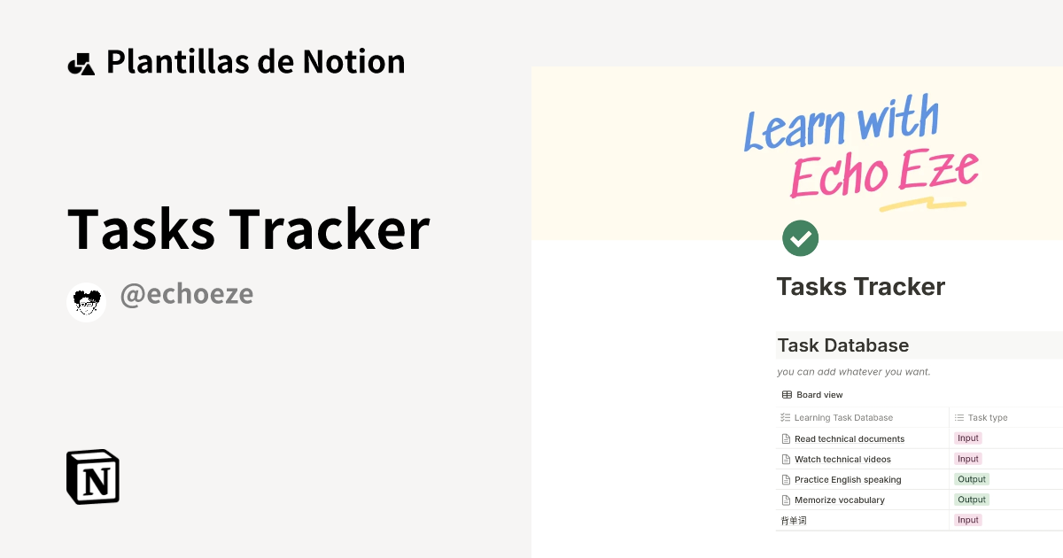 Plantilla Tasks Tracker de Echo Eze | Notion Marketplace
