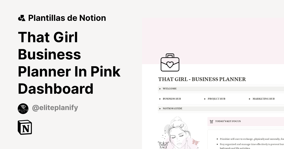 Plantilla That Girl Business Planner In Pink Dashboard de Elite Planify | Notion Marketplace