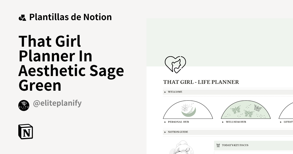 Plantilla That Girl Planner In Aesthetic Sage Green de Elite Planify | Notion Marketplace