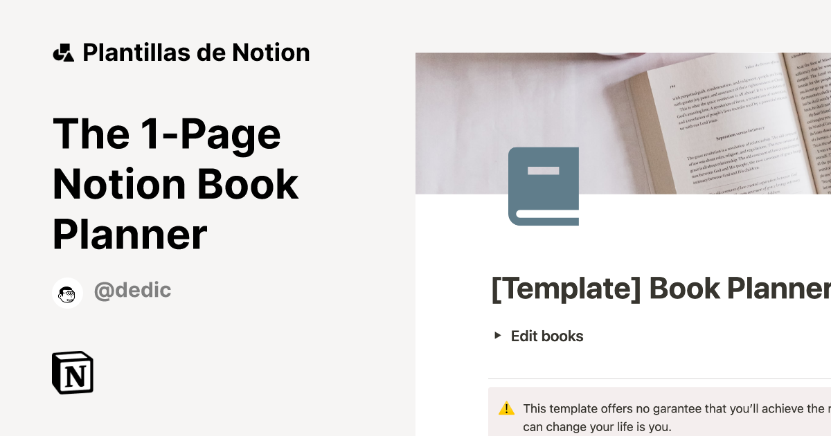 Plantilla The 1-Page Notion Book Planner | Notion Marketplace