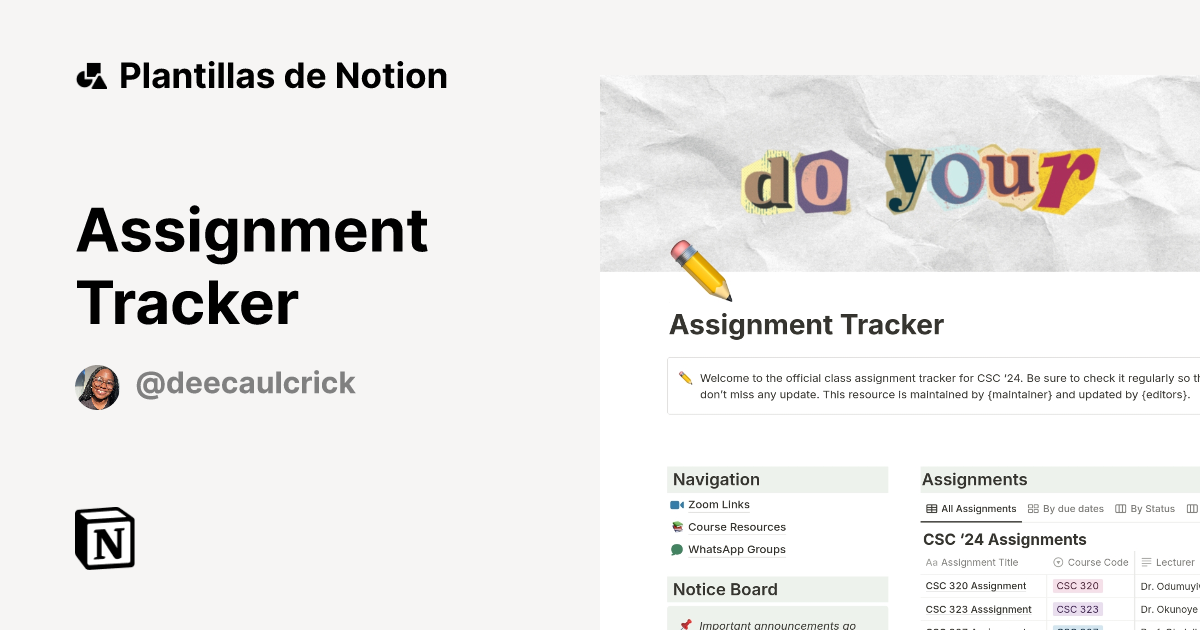 Plantilla Assignment Tracker de Dee Caulcrick | Notion Marketplace