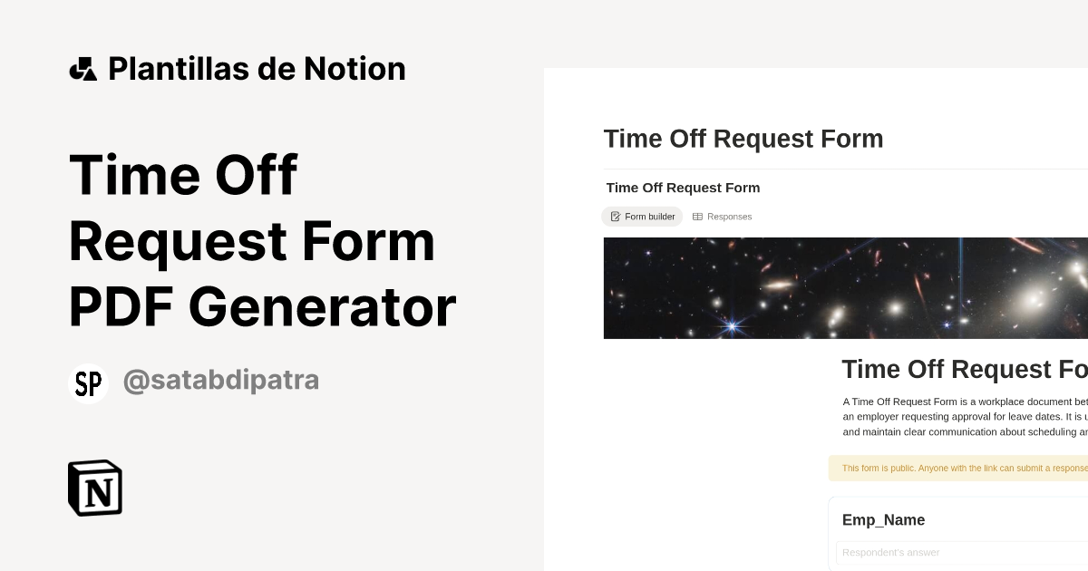 Plantilla Time Off Request Form PDF Generator de Satabdi Patra | Notion ...
