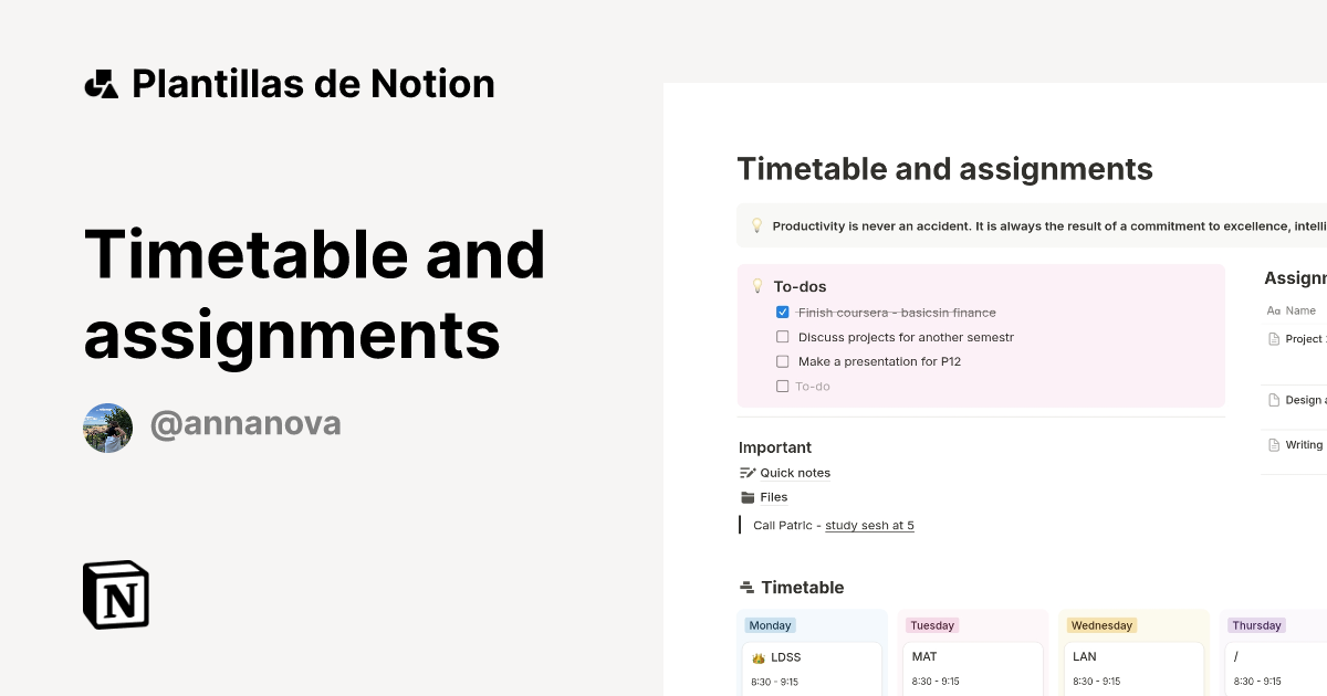 Plantilla Timetable and assignments | Notion Marketplace