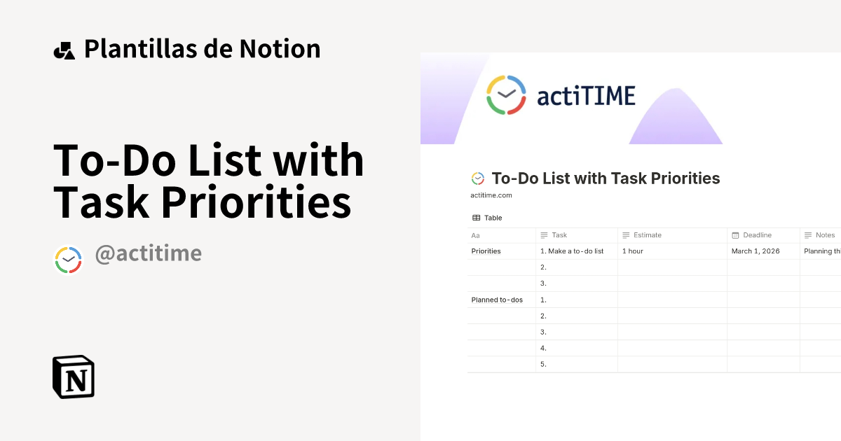 Plantilla To-Do List with Task Priorities de actiTIME | Notion Marketplace