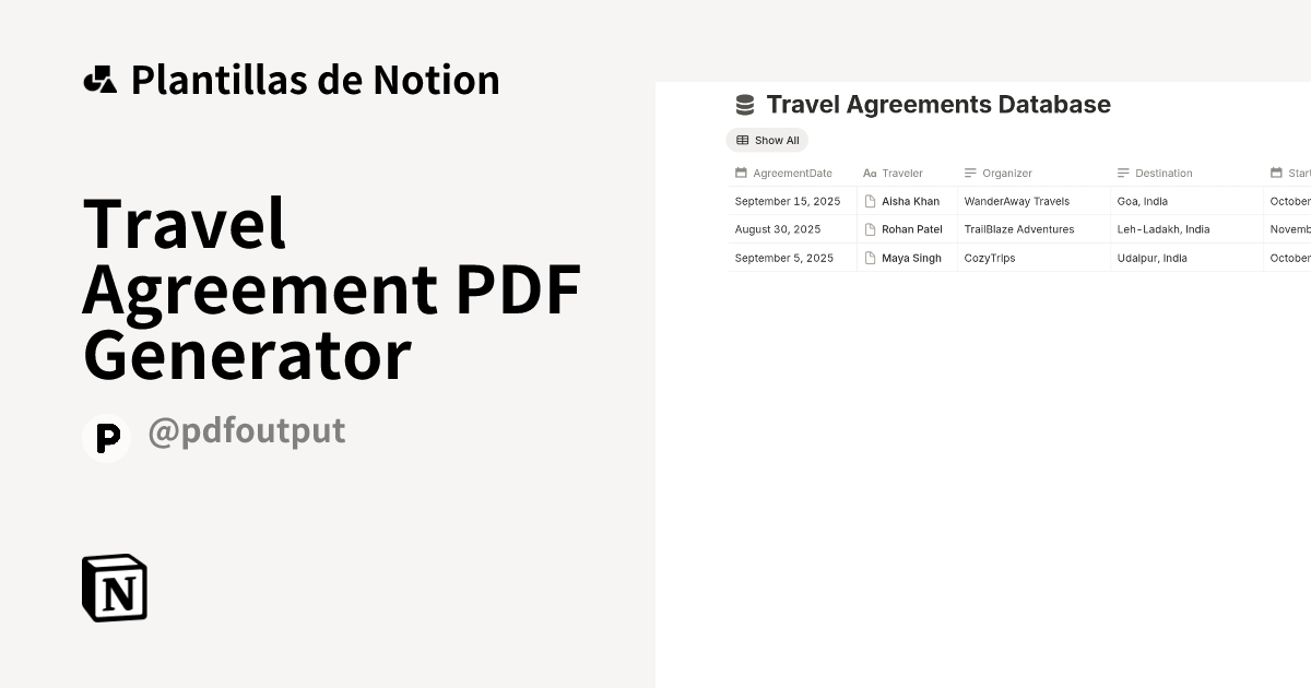 Plantilla Travel Agreement PDF Generator | Notion Marketplace