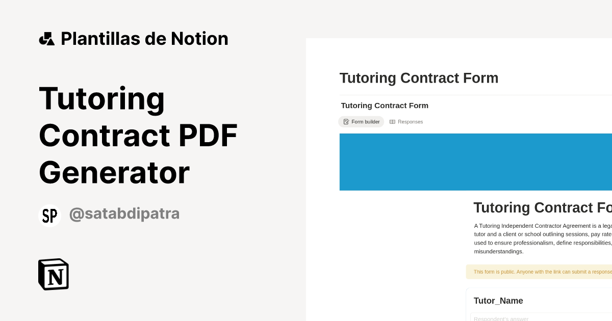 Plantilla Tutoring Contract PDF Generator de Satabdi Patra | Notion ...