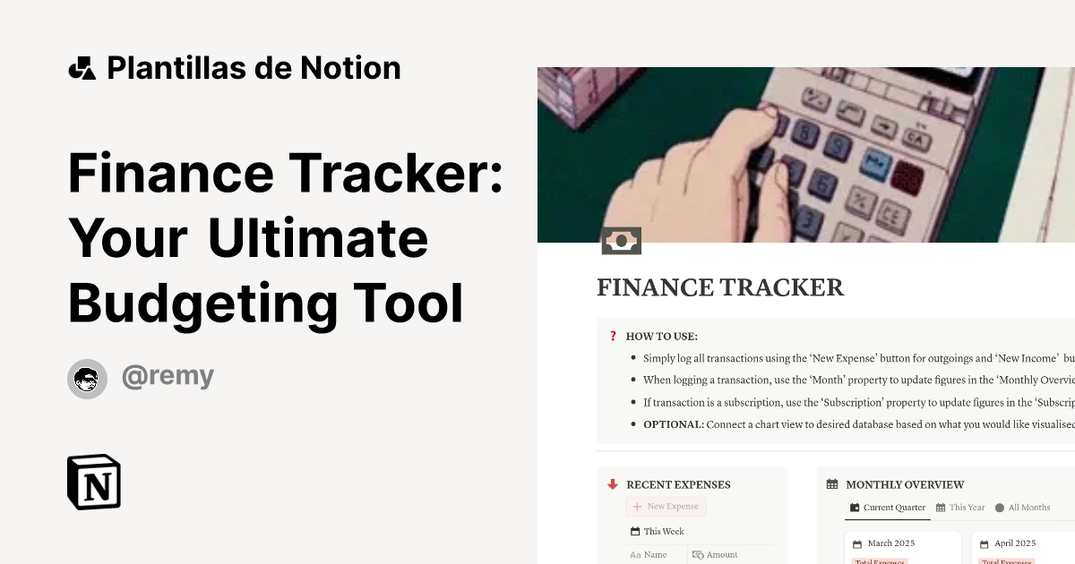 Plantilla Finance Tracker: Your Ultimate Budgeting Tool de Remy | Notion Marketplace