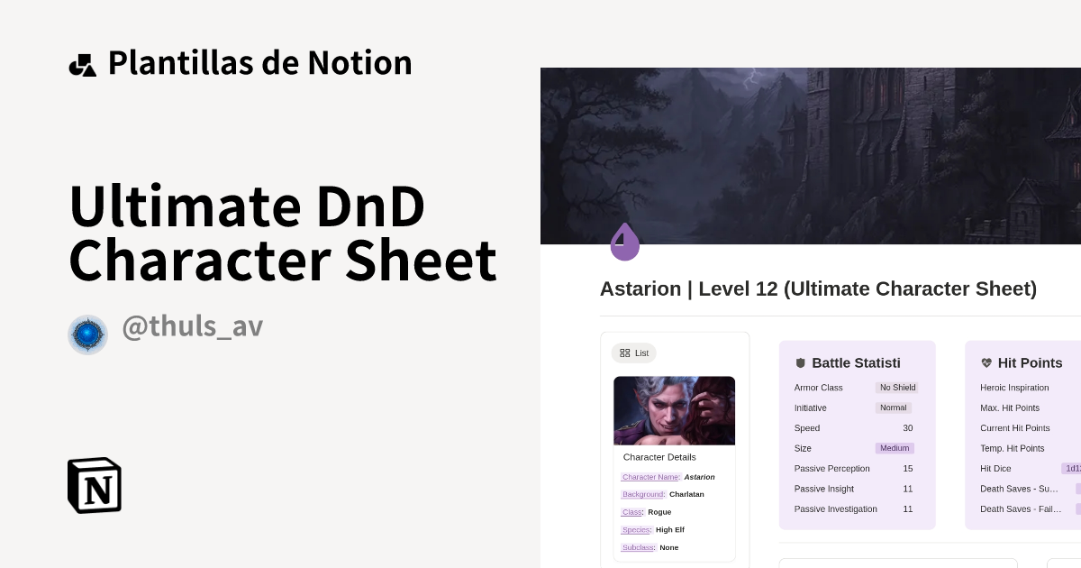 Plantilla Ultimate DnD Character Sheet de Thul's Arcane Vault | Notion ...