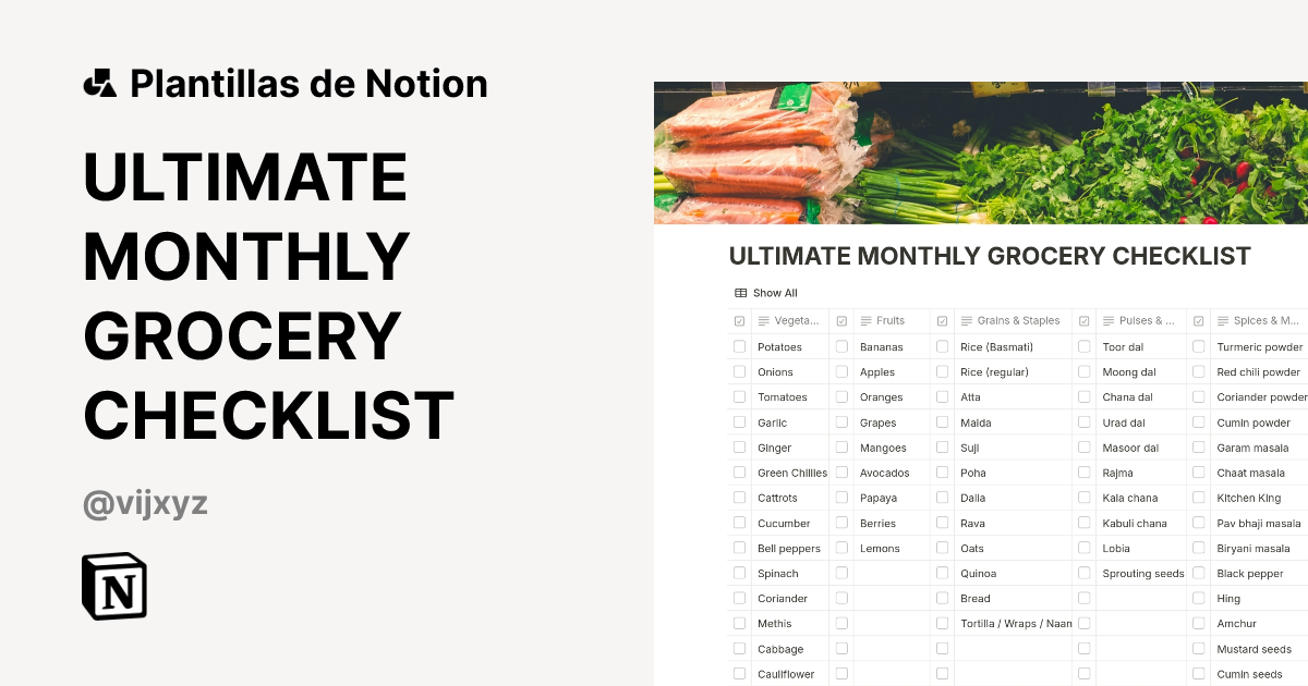 Plantilla ULTIMATE MONTHLY GROCERY CHECKLIST | Notion Marketplace