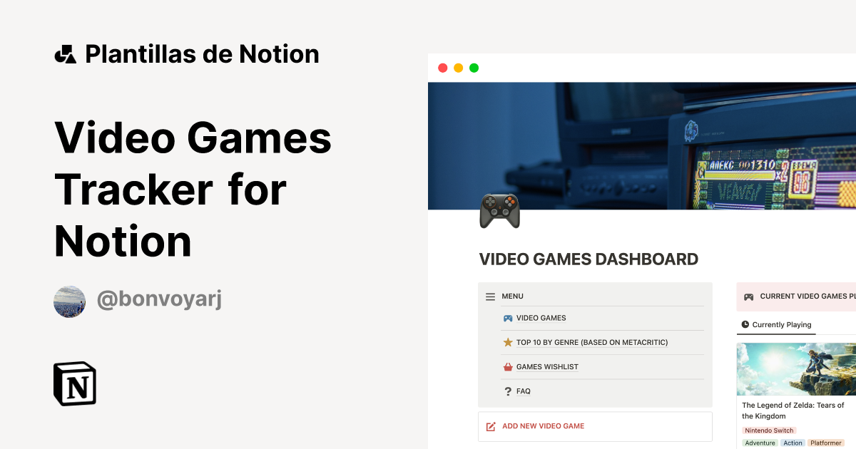Plantilla Video Games Tracker for Notion de Bon Voyarj | Notion Marketplace