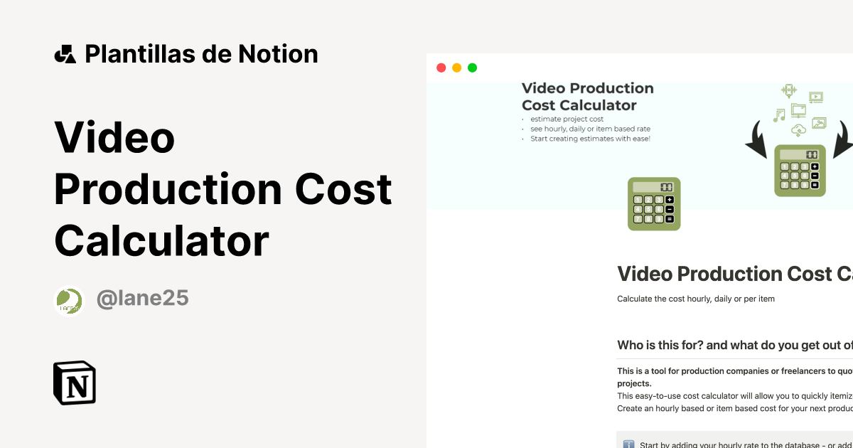 Plantilla Video Production Cost Calculator | Notion Marketplace
