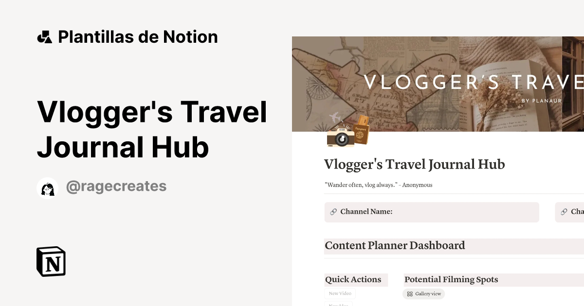 Plantilla Vlogger's Travel Journal Hub de RageCreates | Notion Marketplace
