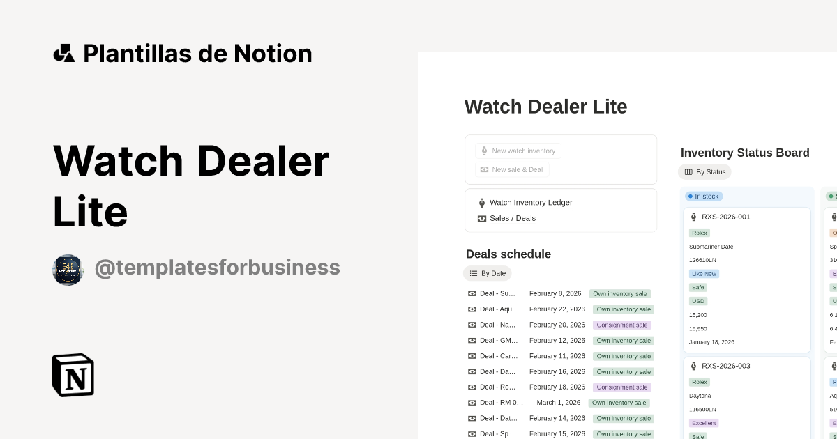 Plantilla Watch Dealer Lite de Templates for business | Notion Marketplace