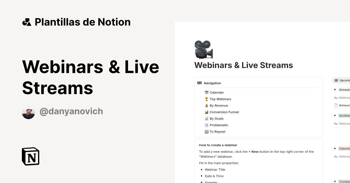 Plantilla Webinars & Live Streams | Notion Marketplace