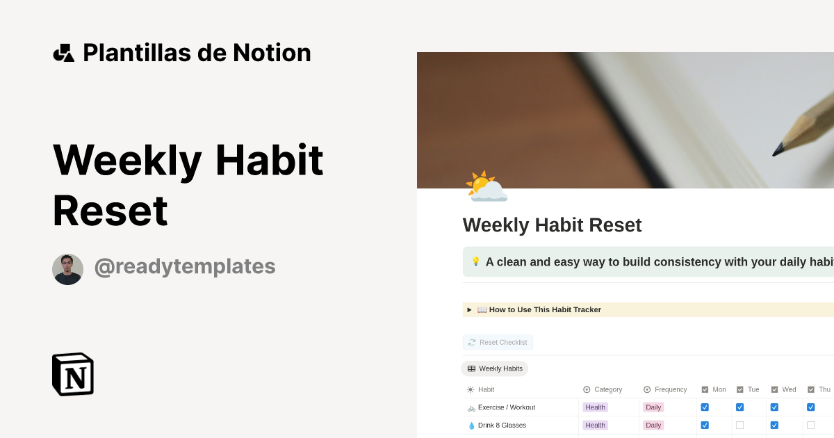 Plantilla Weekly Habit Reset de Ready Templates | Notion Marketplace