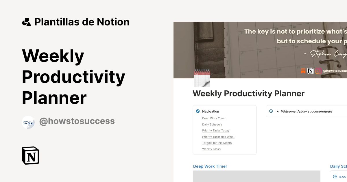 Plantilla Weekly Productivity Planner de Hows to Success | Notion ...