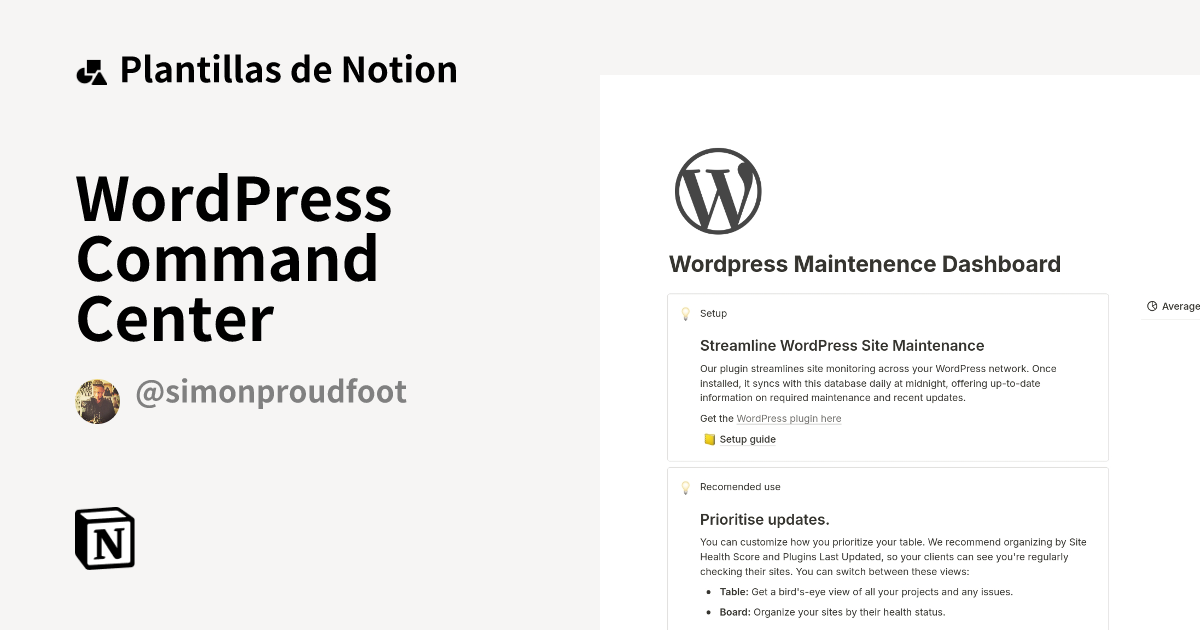 Plantilla WordPress Command Center de Simon G.Proudfoot | Notion Marketplace