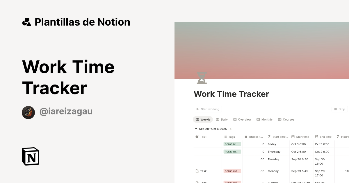 Plantilla Work Time Tracker de iareizagau | Notion Marketplace