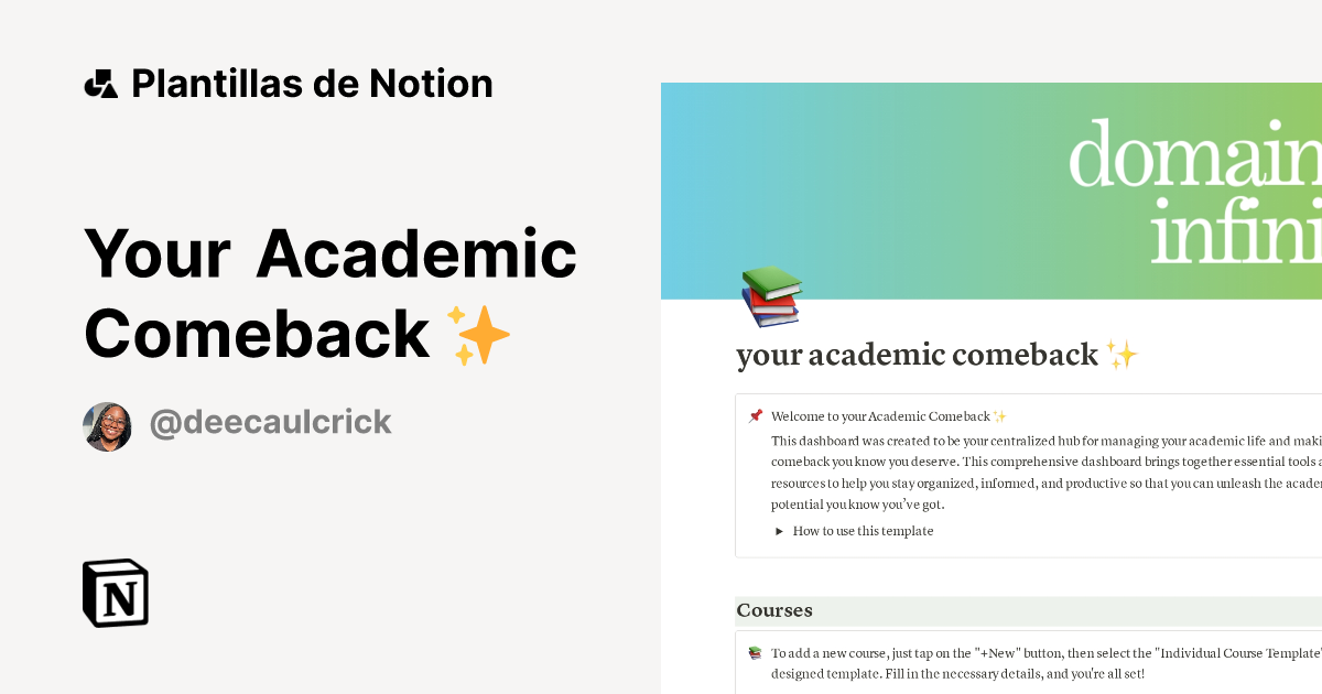 Plantilla Your Academic Comeback de Dee Caulcrick | Notion Marketplace