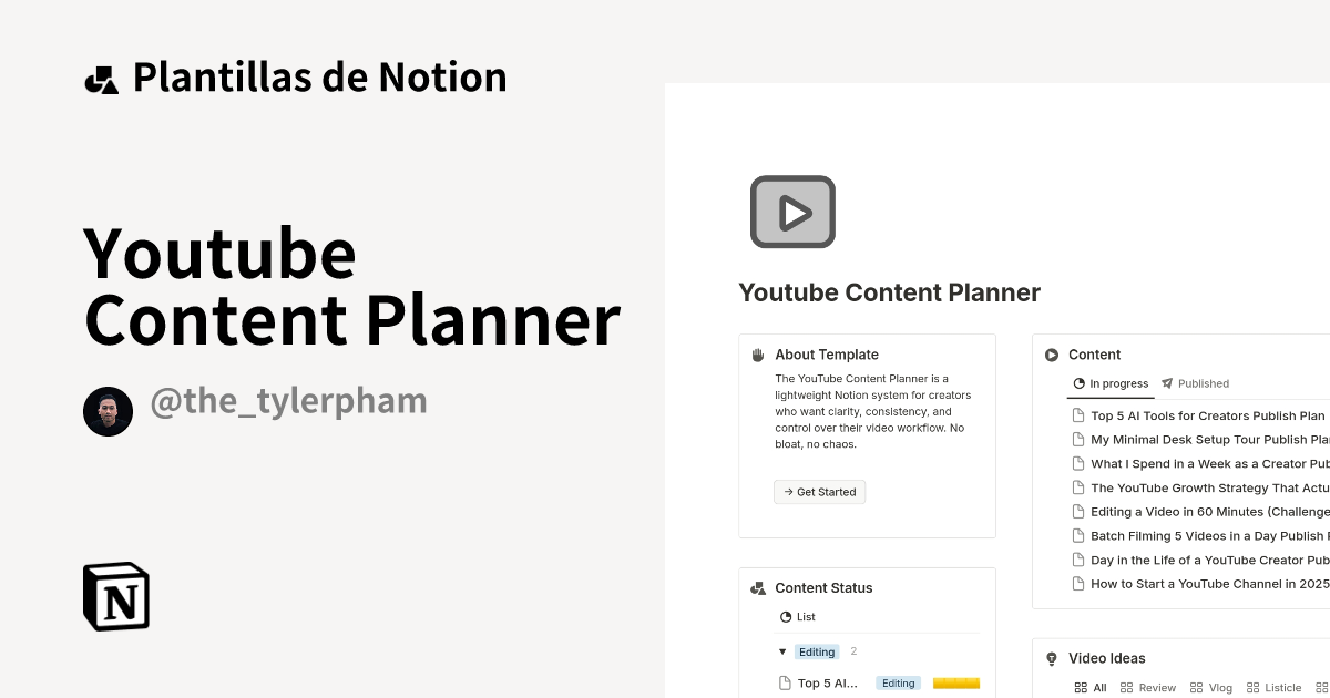 Plantilla Youtube Content Planner de Tyler Pham | Notion Marketplace