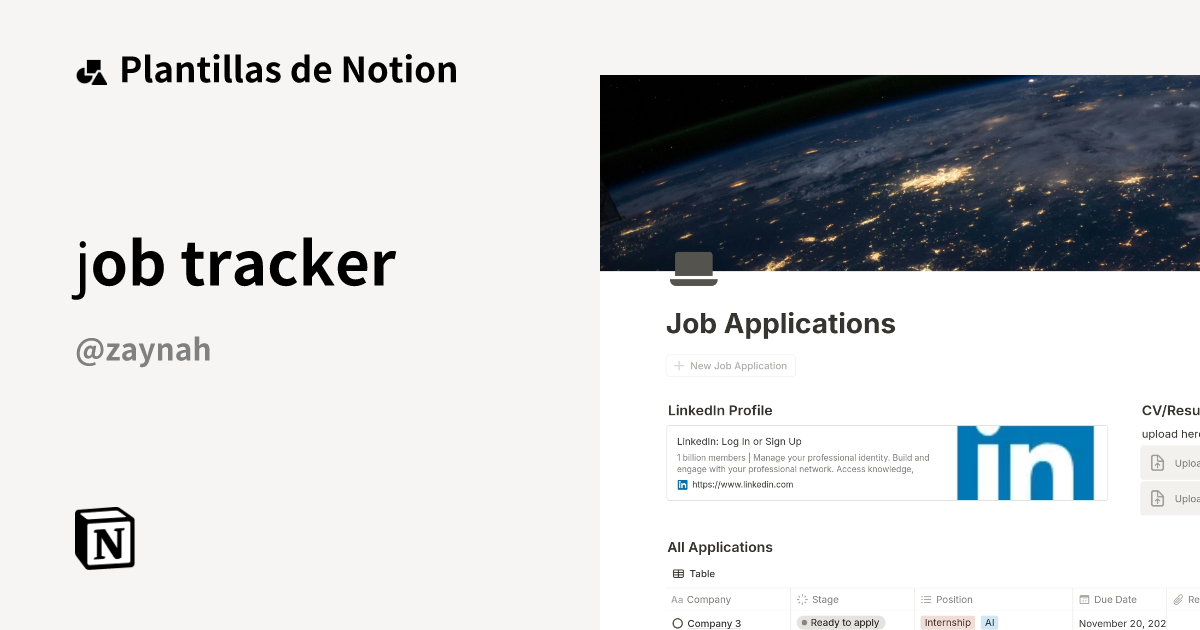 Plantilla job tracker de zaynah alam | Notion Marketplace