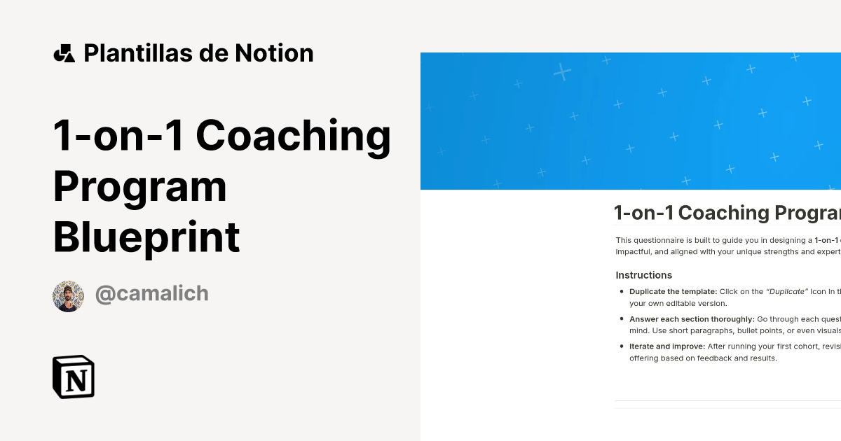 Plantilla 1-on-1 Coaching Program Blueprint de Sergio Camalich Morales | Notion Marketplace