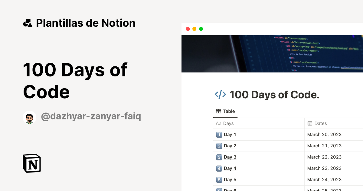 Plantilla 100 Days of Code de Dazhyar Zanyar Faiq | Notion Marketplace