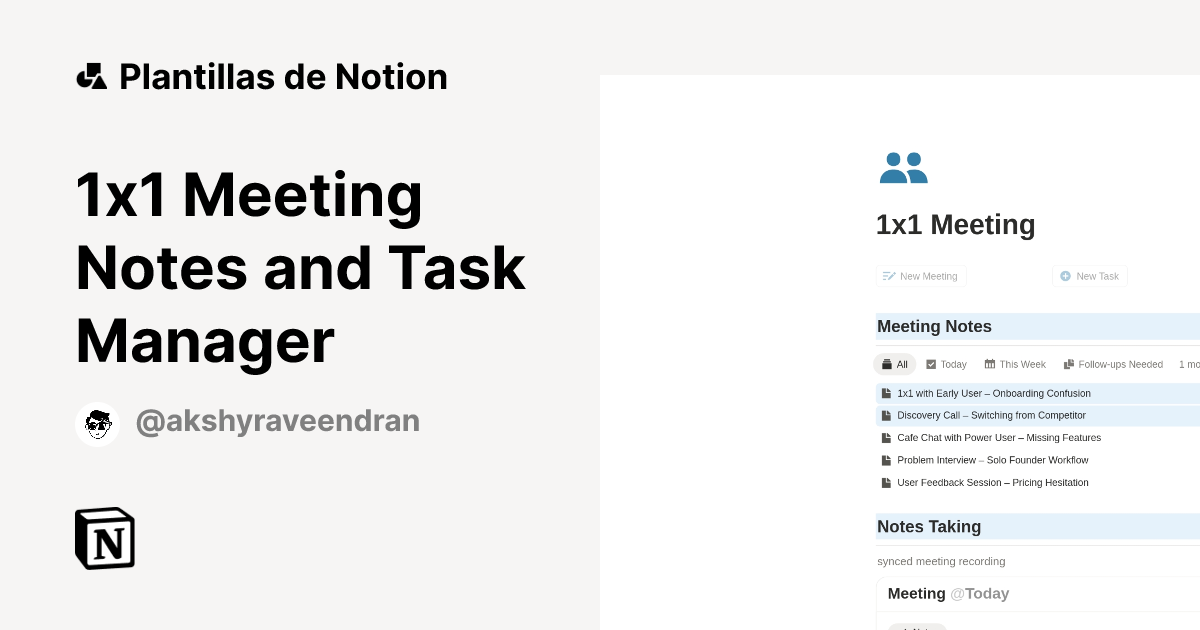 Plantilla 1x1 Meeting Notes and Task Manager | Notion Marketplace