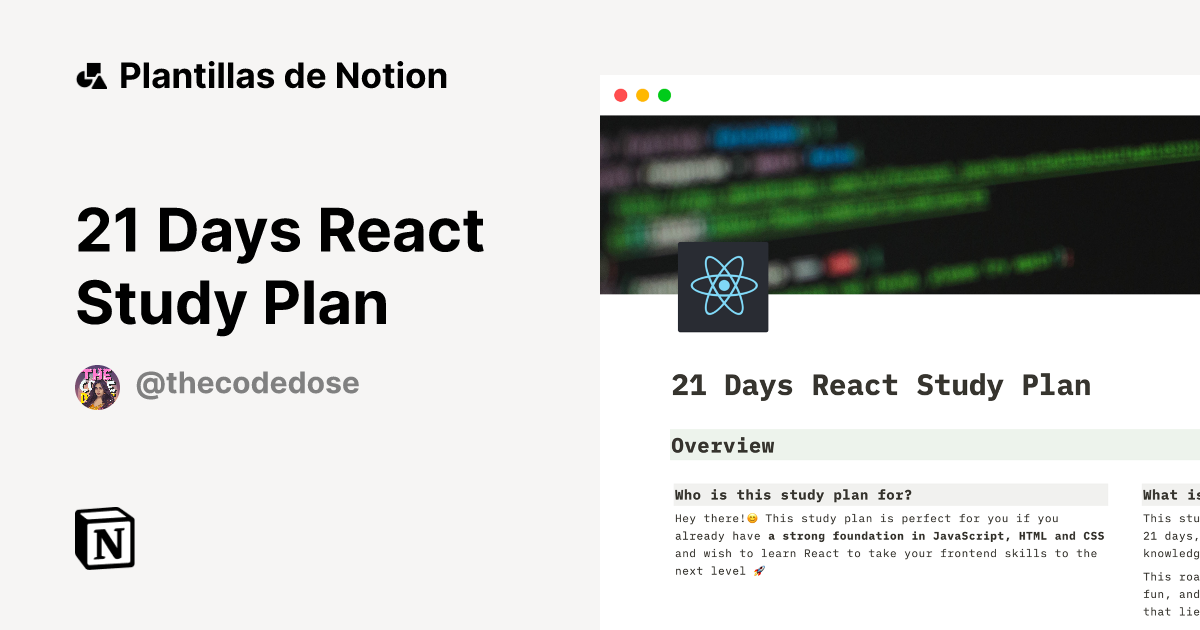Plantilla 21 Days React Study Plan de The Code Dose | Notion Marketplace