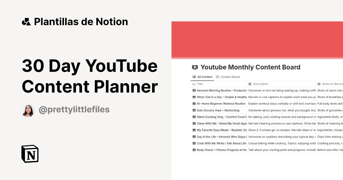 Plantilla 30 Day YouTube Content Planner | Notion Marketplace