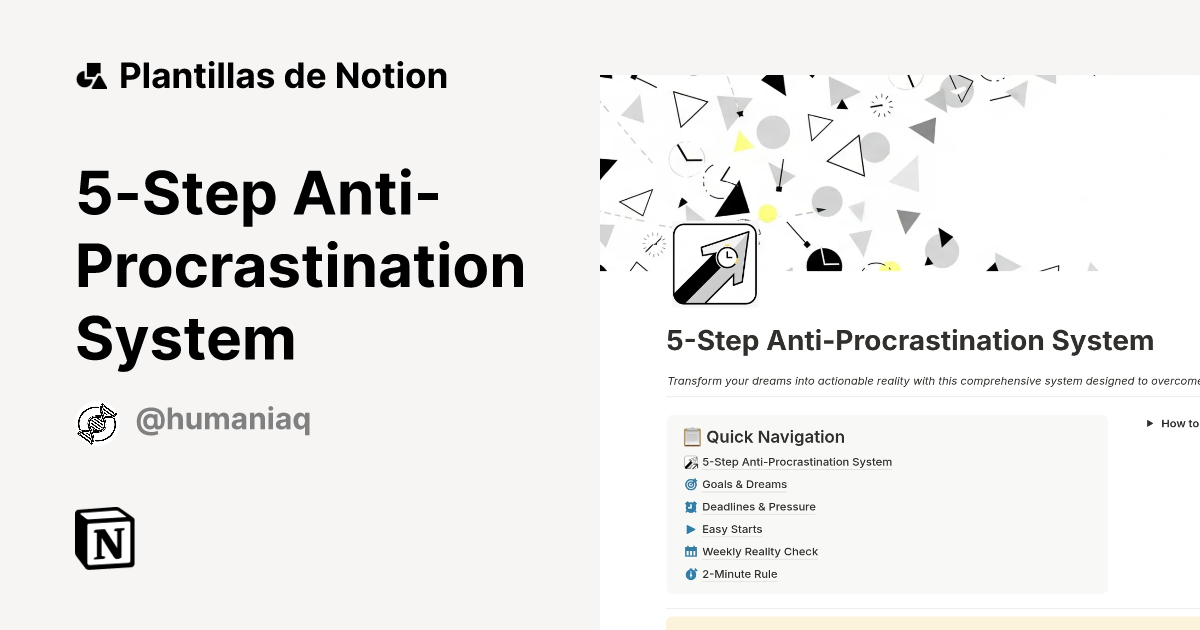 Plantilla 5-Step Anti-Procrastination System de Humaniaq | Notion Marketplace