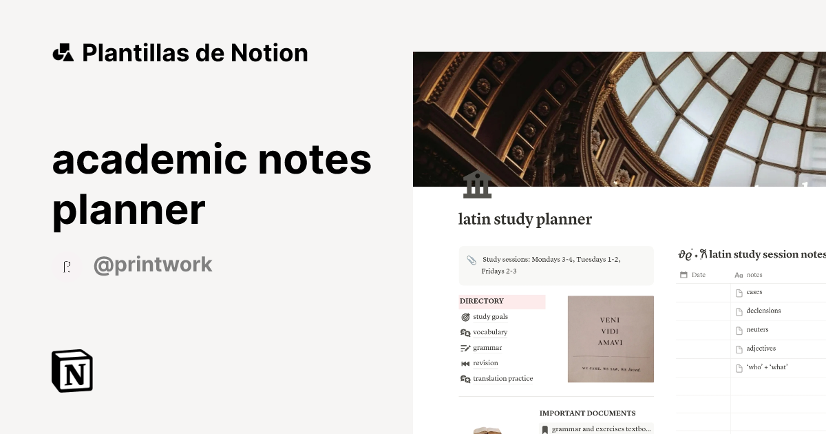 Plantilla academic notes planner de Printwork | Notion Marketplace