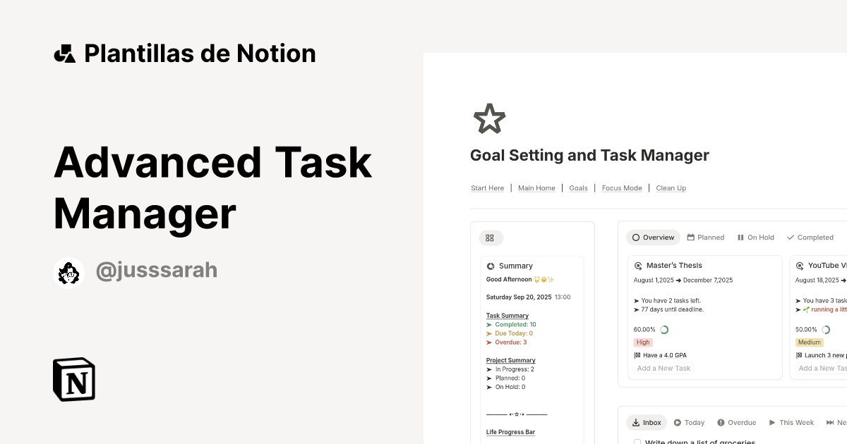 Plantilla Advanced Task Manager de Sarah | Notion Marketplace