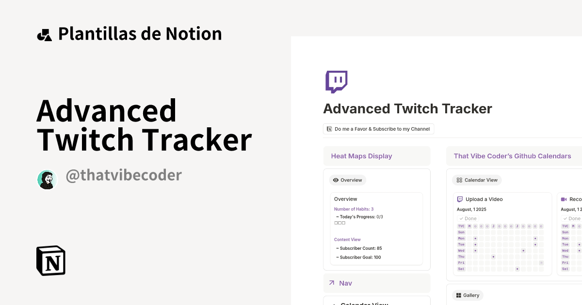 Plantilla Advanced Twitch Tracker de That Vibe Coder | Notion Marketplace