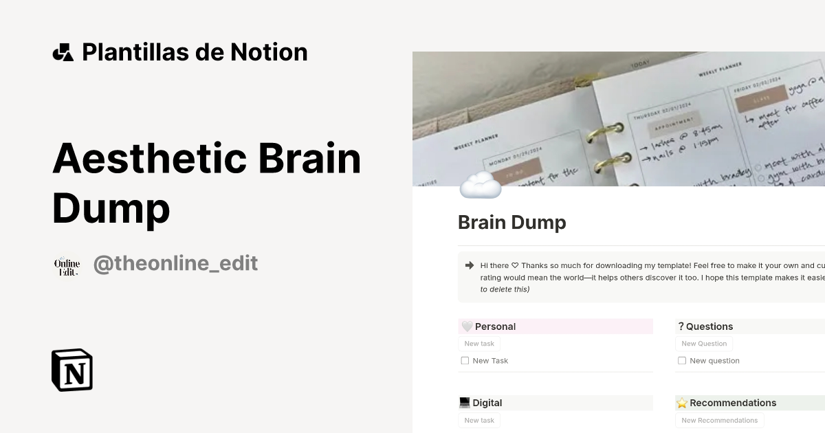 Plantilla Aesthetic Brain Dump de The Online Edit | Nicole | Notion Marketplace