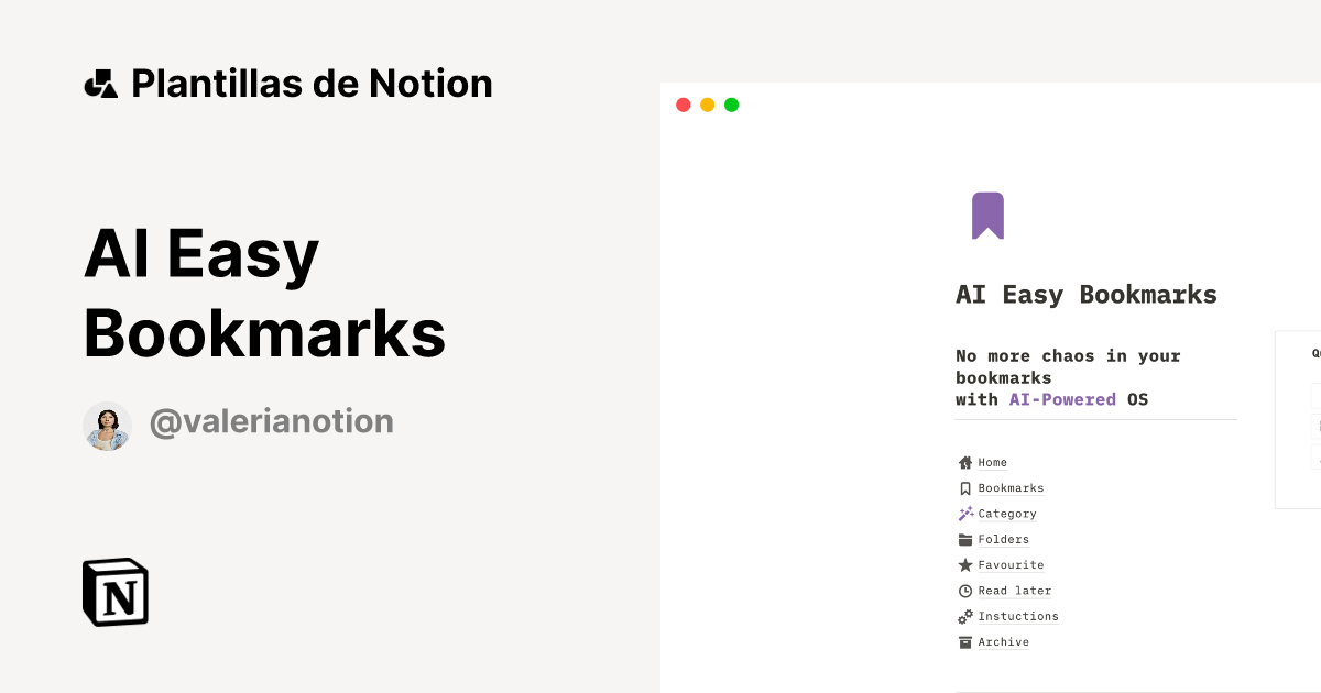 Plantilla AI Easy Bookmarks de Valeria | Notion Marketplace