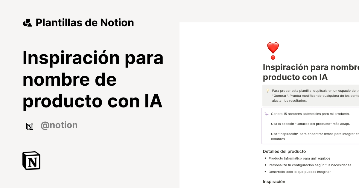 Plantilla Inspiración para nombre de producto con IA de Notion | Notion ...