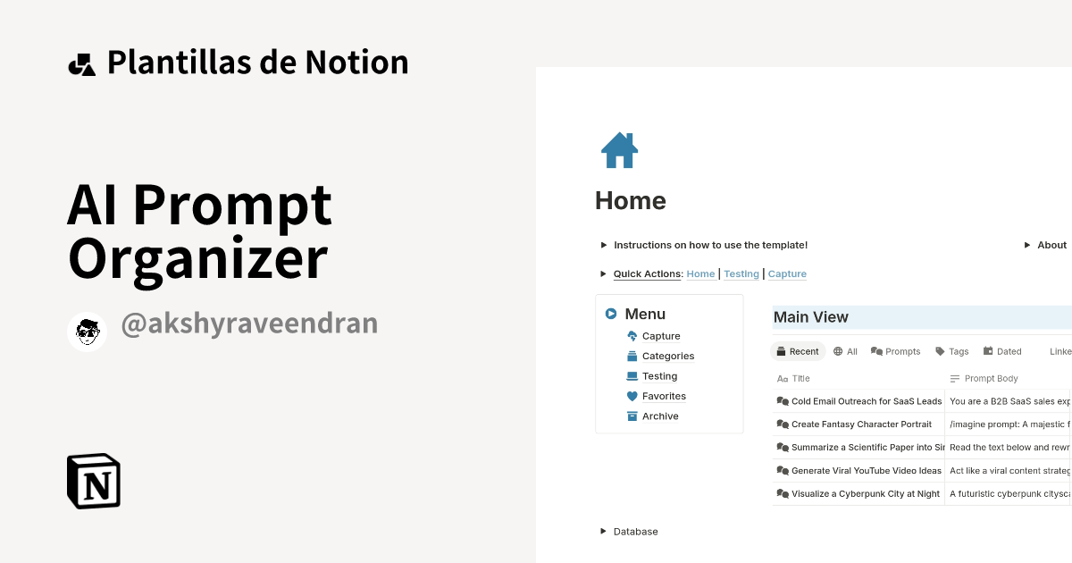 Plantilla AI Prompt Organizer | Notion Marketplace