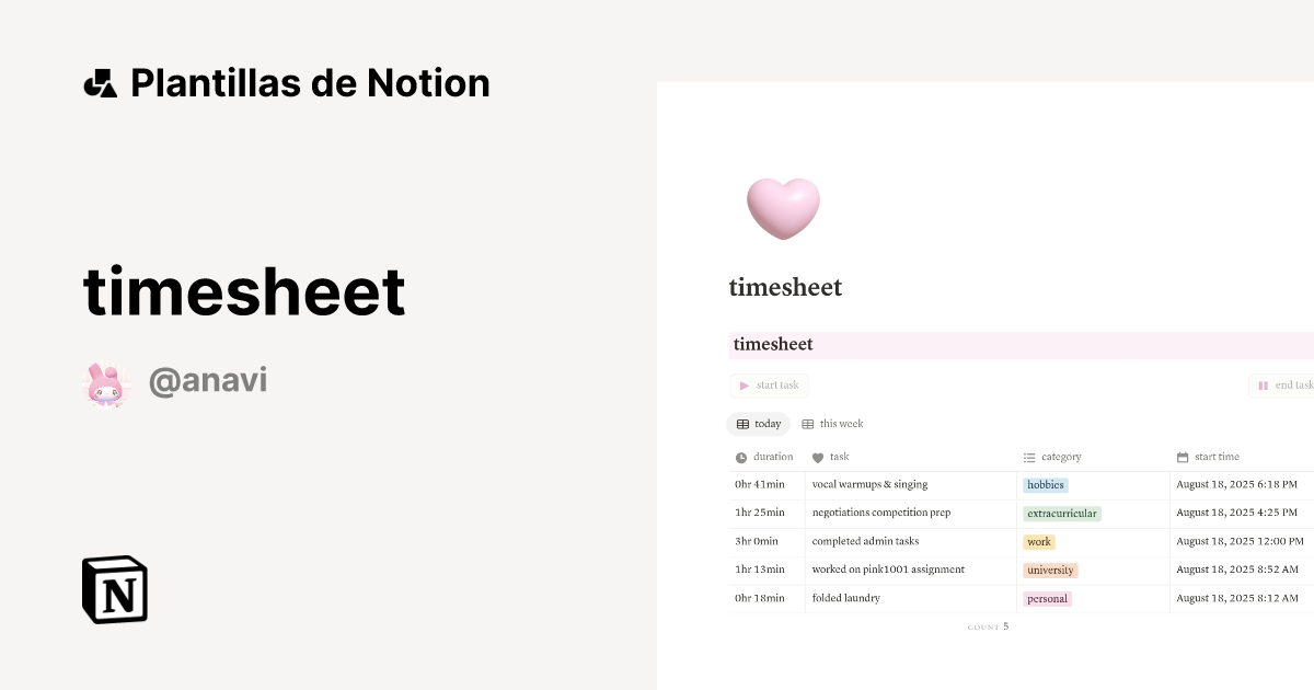 Plantilla timesheet | Notion Marketplace