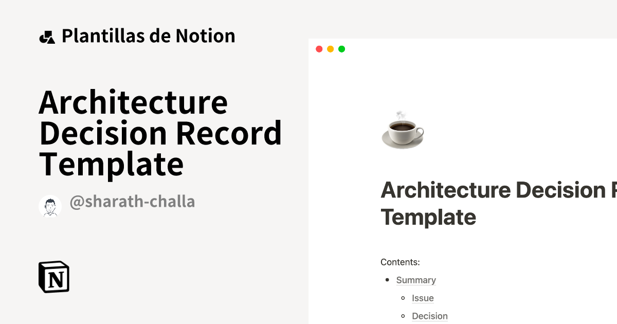 Plantilla Architecture Decision Record Template de Sharath Challa | Notion Marketplace